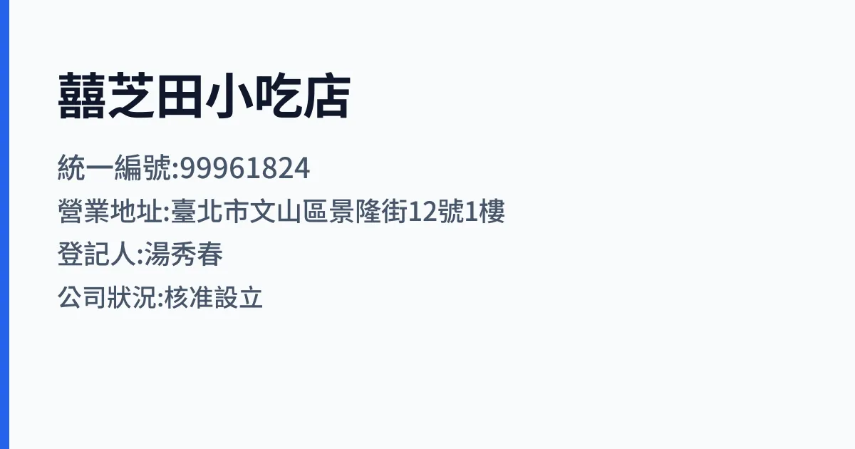 囍芝田小吃店 - 統編 99961824(臺北市) 公司登記資料與營業項目詳細圖表