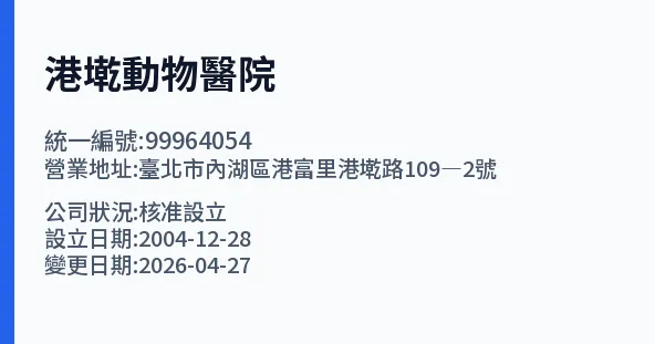 港墘動物醫院的照片-統編 99964054(臺北市) 公司登記資料與營業項目詳細圖表