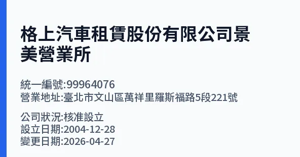 格上汽車租賃股份有限公司景美營業所的照片-統編 99964076(臺北市) 公司登記資料與營業項目詳細圖表