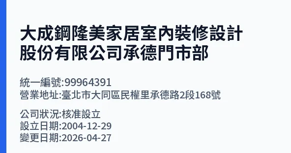 大成鋼隆美家居室內裝修設計股份有限公司承德門市部的照片-統編 99964391(臺北市) 公司登記資料與營業項目詳細圖表