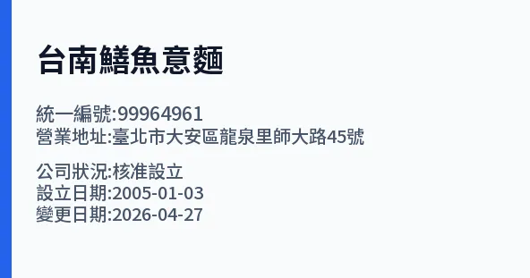 台南鱔魚意麵的照片-統編 99964961(臺北市) 公司登記資料與營業項目詳細圖表
