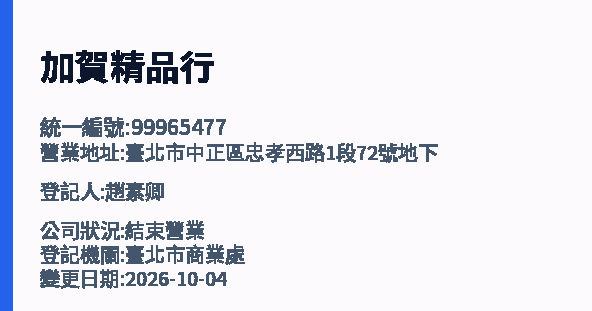 加賀精品行的照片-統編 99965477(臺北市) 公司登記資料與營業項目詳細圖表