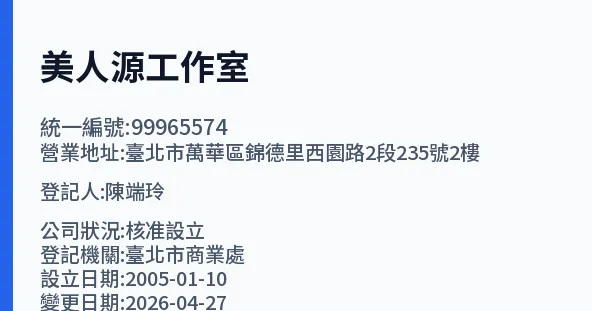 美人源工作室的照片-統編 99965574(臺北市) 公司登記資料與營業項目詳細圖表