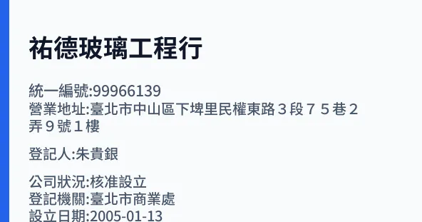 祐德玻璃工程行的照片-統編 99966139(臺北市) 公司登記資料與營業項目詳細圖表