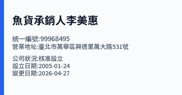 魚貨承銷人李美惠的照片-統編 99968495(臺北市) 公司登記資料與營業項目詳細圖表