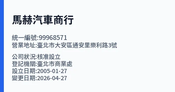 馬赫汽車商行的照片-統編 99968571(臺北市) 公司登記資料與營業項目詳細圖表