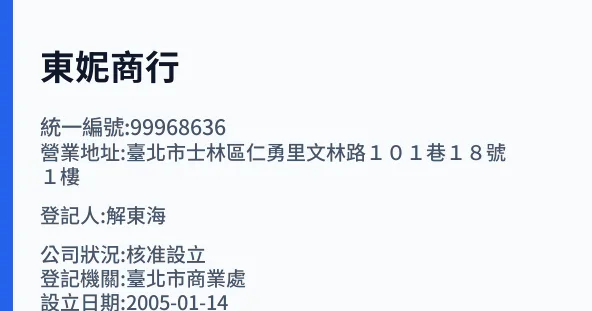 東妮商行的照片-統編 99968636(臺北市) 公司登記資料與營業項目詳細圖表