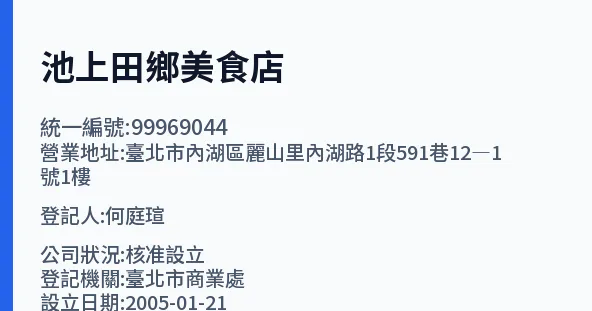 池上田鄉美食店的照片-統編 99969044(臺北市) 公司登記資料與營業項目詳細圖表