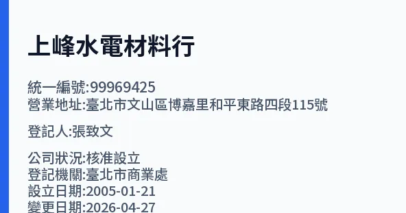 上峰水電材料行的照片-統編 99969425(臺北市) 公司登記資料與營業項目詳細圖表