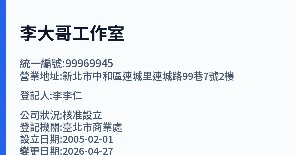 李大哥工作室的照片-統編 99969945(新北市) 公司登記資料與營業項目詳細圖表