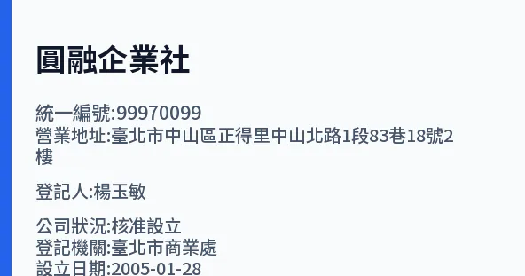 圓融企業社的照片-統編 99970099(臺北市) 公司登記資料與營業項目詳細圖表