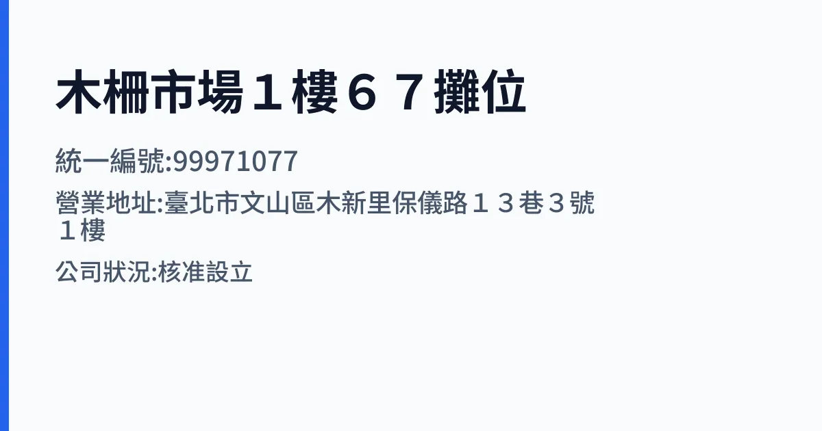 木柵市場1樓67攤位 - 統編 99971077(臺北市) 公司登記資料與營業項目詳細圖表