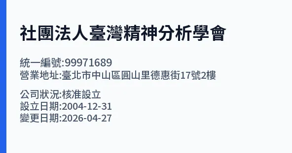 社團法人臺灣精神分析學會的照片-統編 99971689(臺北市) 公司登記資料與營業項目詳細圖表