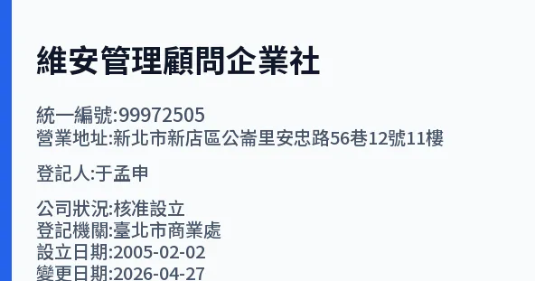 維安管理顧問企業社的照片-統編 99972505(新北市) 公司登記資料與營業項目詳細圖表