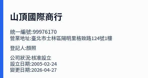 山頂國際商行的照片-統編 99976170(臺北市) 公司登記資料與營業項目詳細圖表