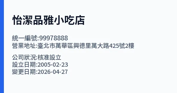 怡潔品雅小吃店的照片-統編 99978888(臺北市) 公司登記資料與營業項目詳細圖表
