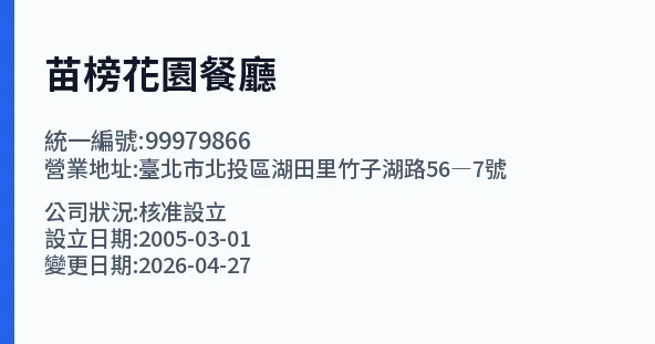 苗榜花園餐廳的照片-統編 99979866(臺北市) 公司登記資料與營業項目詳細圖表