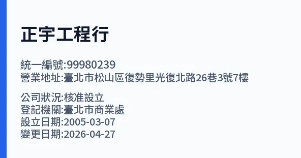 正宇工程行的照片-統編 99980239(臺北市) 公司登記資料與營業項目詳細圖表