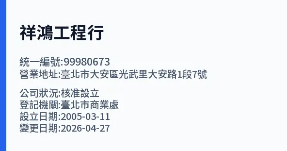 祥鴻工程行的照片-統編 99980673(臺北市) 公司登記資料與營業項目詳細圖表