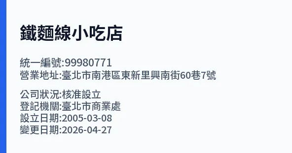 鐵麵線小吃店的照片-統編 99980771(臺北市) 公司登記資料與營業項目詳細圖表