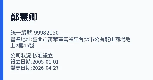 鄭慧卿的照片-統編 99982150(臺北市) 公司登記資料與營業項目詳細圖表