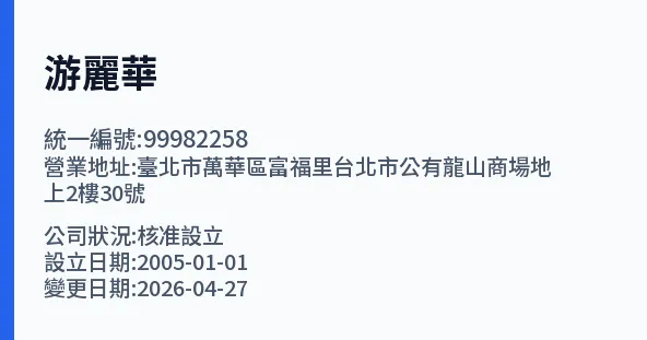 游麗華的照片-統編 99982258(臺北市) 公司登記資料與營業項目詳細圖表