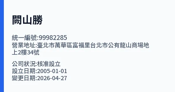 闕山勝的照片-統編 99982285(臺北市) 公司登記資料與營業項目詳細圖表