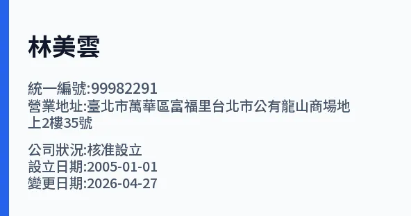 林美雲的照片-統編 99982291(臺北市) 公司登記資料與營業項目詳細圖表