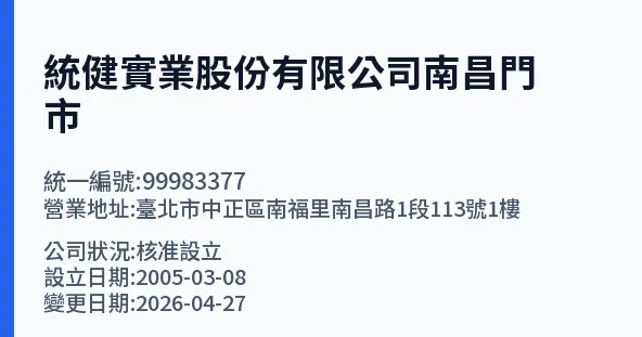 統健實業股份有限公司南昌門市的照片-統編 99983377(臺北市) 公司登記資料與營業項目詳細圖表