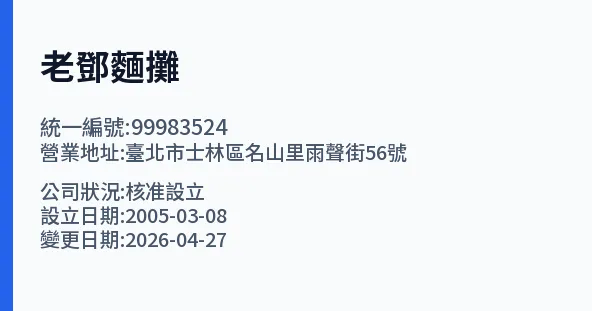 老鄧麵攤的照片-統編 99983524(臺北市) 公司登記資料與營業項目詳細圖表