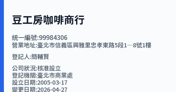 豆工房咖啡商行的照片-統編 99984306(臺北市) 公司登記資料與營業項目詳細圖表