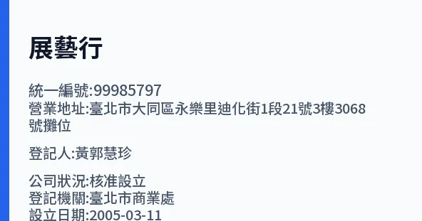 展藝行的照片-統編 99985797(臺北市) 公司登記資料與營業項目詳細圖表
