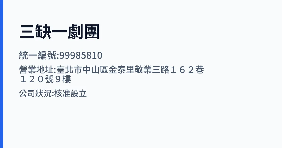 三缺一劇團 - 統編 99985810(臺北市) 公司登記資料與營業項目詳細圖表
