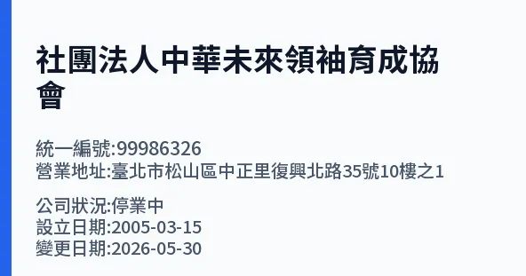 社團法人中華未來領袖育成協會的照片-統編 99986326(臺北市) 公司登記資料與營業項目詳細圖表