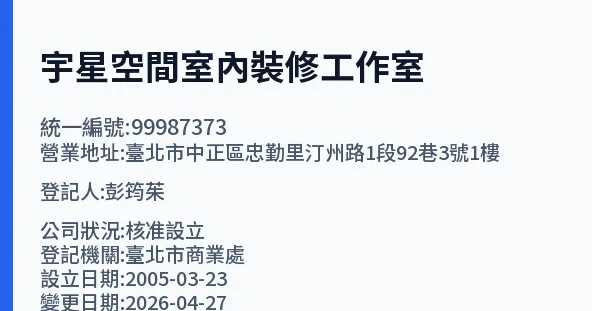 宇星空間室內裝修工作室的照片-統編 99987373(臺北市) 公司登記資料與營業項目詳細圖表
