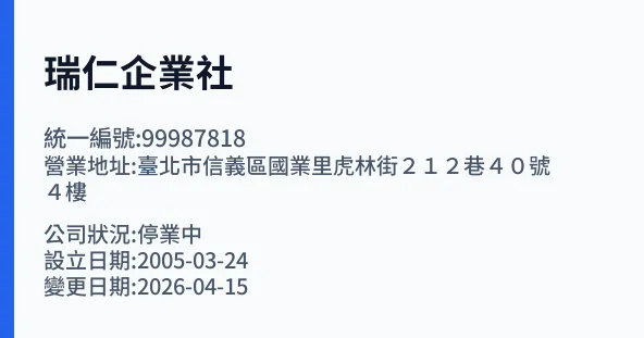 瑞仁企業社的照片-統編 99987818(臺北市) 公司登記資料與營業項目詳細圖表