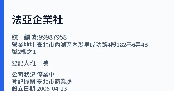 法亞企業社的照片-統編 99987958(臺北市) 公司登記資料與營業項目詳細圖表