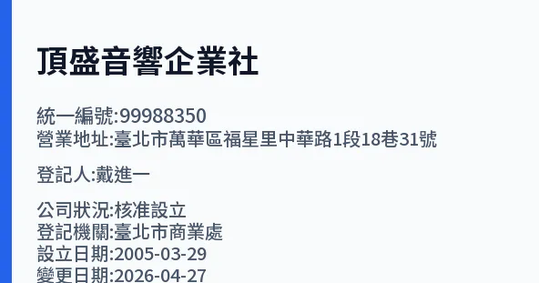 頂盛音響企業社的照片-統編 99988350(臺北市) 公司登記資料與營業項目詳細圖表