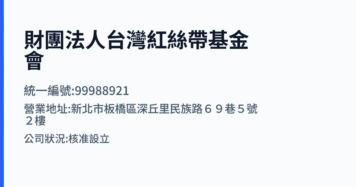 財團法人台灣紅絲帶基金會 - 統編 99988921(臺北市) 公司登記資料與營業項目詳細圖表