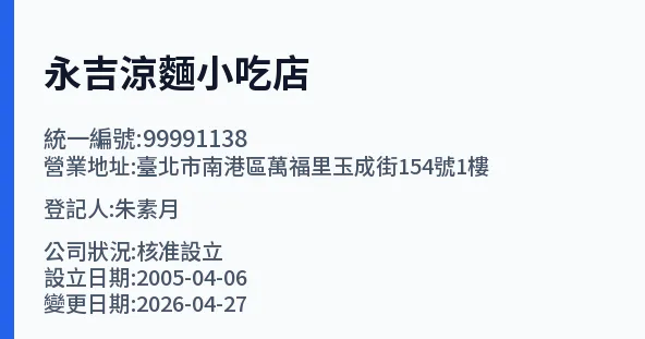 永吉涼麵小吃店的照片-統編 99991138(臺北市) 公司登記資料與營業項目詳細圖表