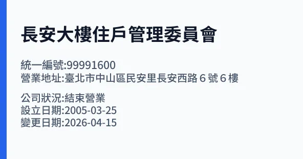 長安大樓住戶管理委員會的照片-統編 99991600(臺北市) 公司登記資料與營業項目詳細圖表