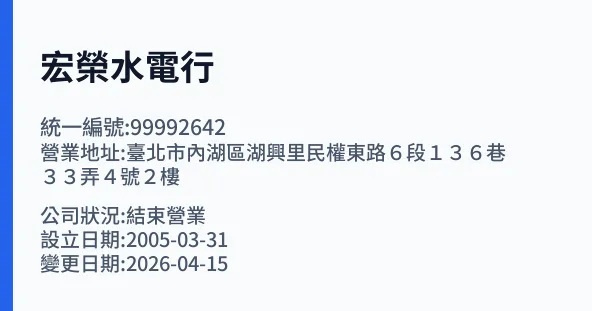 宏榮水電行的照片-統編 99992642(臺北市) 公司登記資料與營業項目詳細圖表