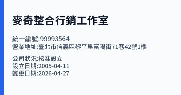麥奇整合行銷工作室的照片-統編 99993564(臺北市) 公司登記資料與營業項目詳細圖表