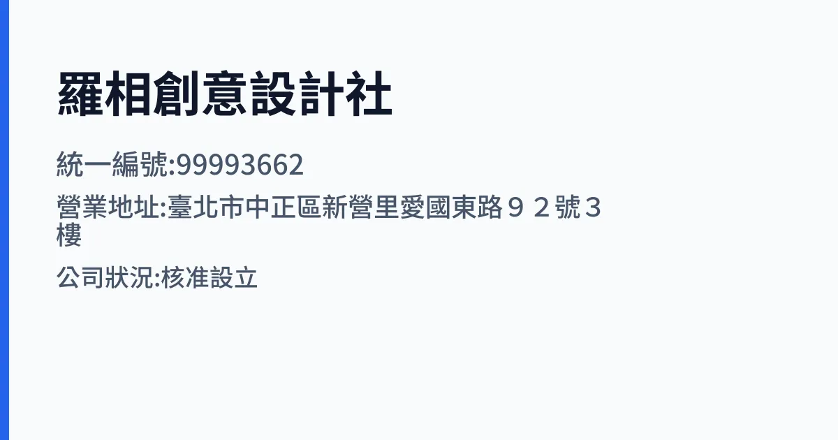 羅相創意設計社 - 統編 99993662(臺北市) 公司登記資料與營業項目詳細圖表