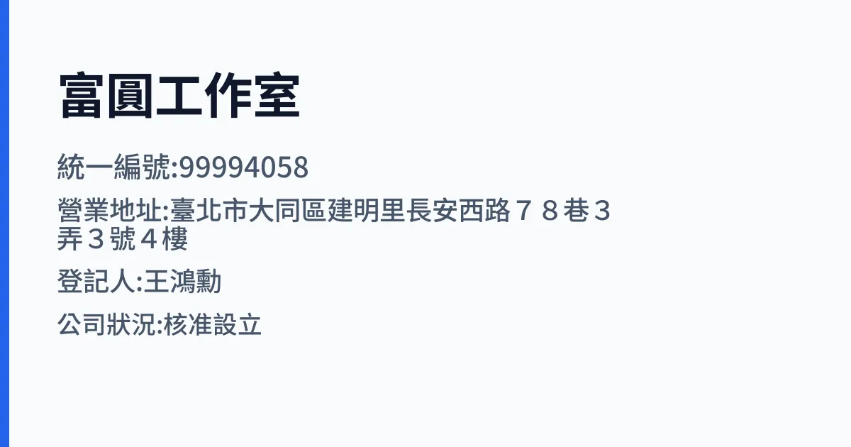 富圓工作室 - 統編 99994058(臺北市) 公司登記資料與營業項目詳細圖表