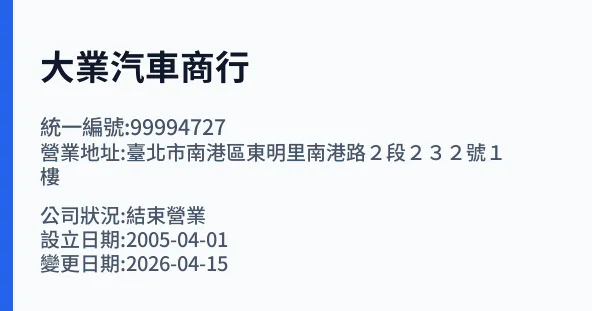 大業汽車商行的照片-統編 99994727(臺北市) 公司登記資料與營業項目詳細圖表