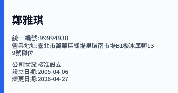 鄭雅琪的照片-統編 99994938(臺北市) 公司登記資料與營業項目詳細圖表