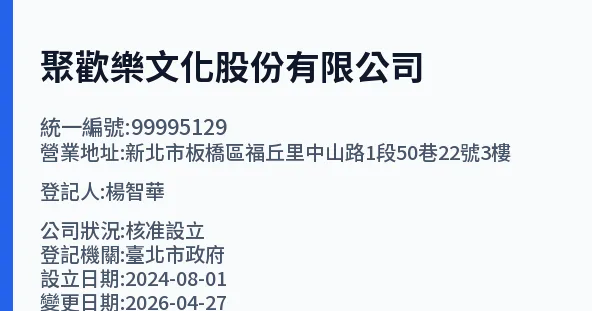聚歡樂文化股份有限公司的照片-統編 99995129(新北市) 公司登記資料與營業項目詳細圖表