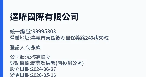達曜國際有限公司的照片-統編 99995303(嘉義市) 公司登記資料與營業項目詳細圖表