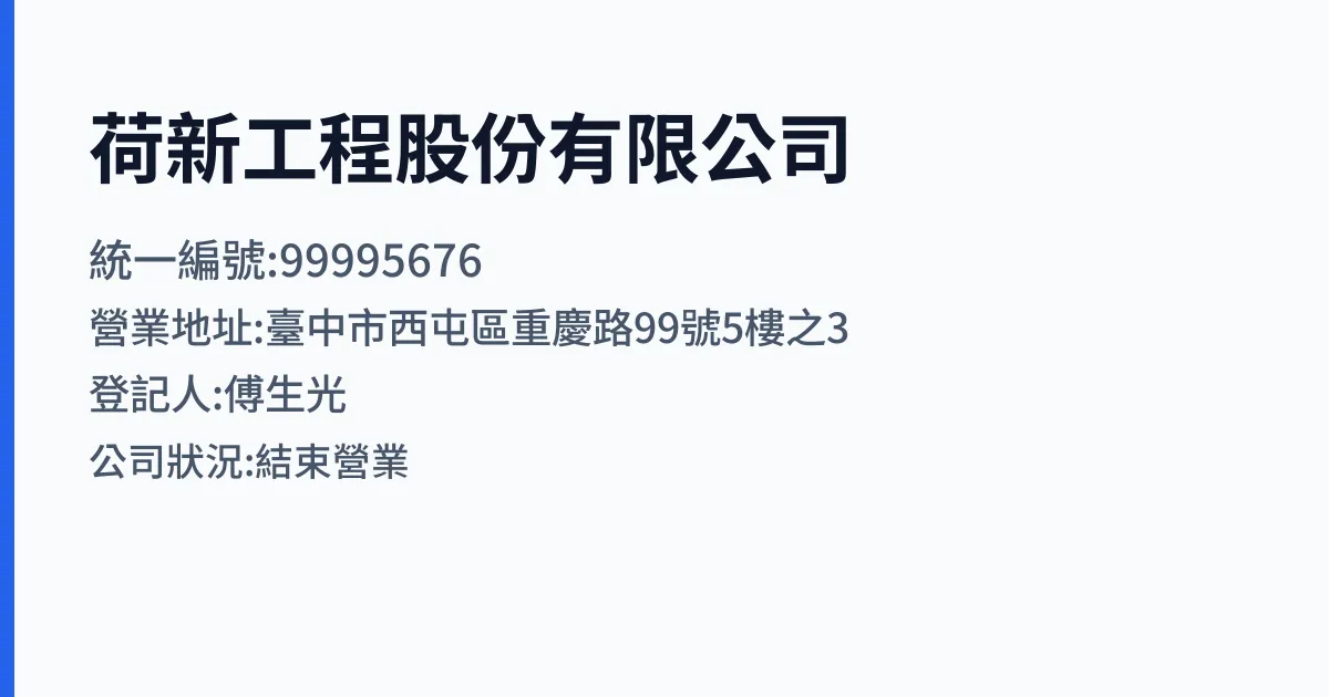 荷新工程股份有限公司 - 統編 99995676(臺中市) 公司登記資料與營業項目詳細圖表